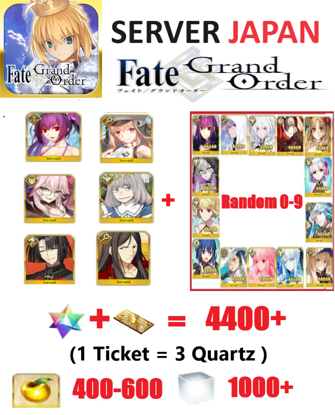 [ JP ] FGO END 5 xe + 4400 quạc + Random 0-9 SSR